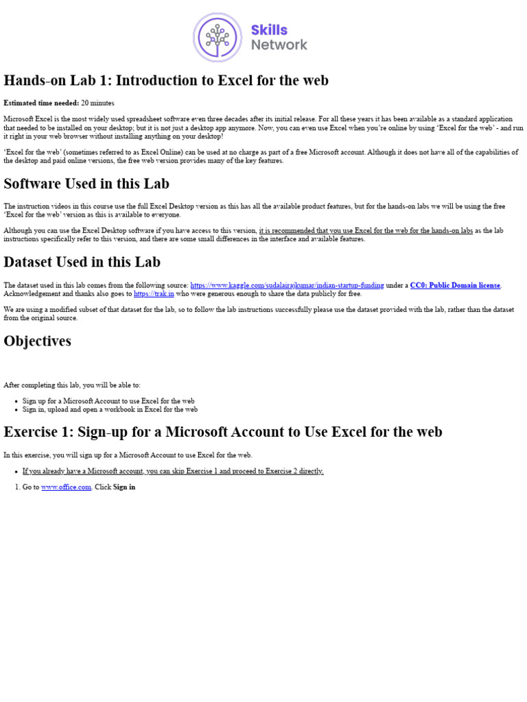 Intro to Excel for the Web Lab 1 | PDF | Microsoft Excel | Application Software