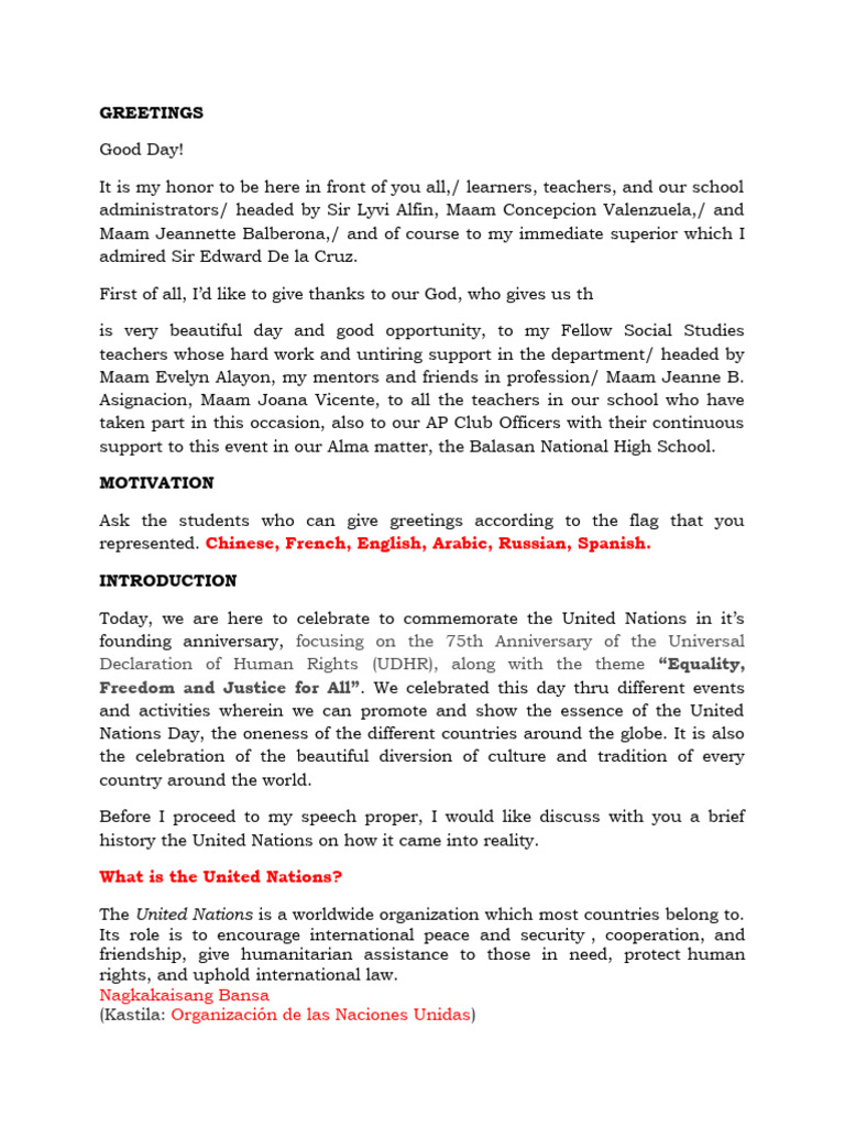 United Nations Day Celebration Speech | PDF | United Nations ...
