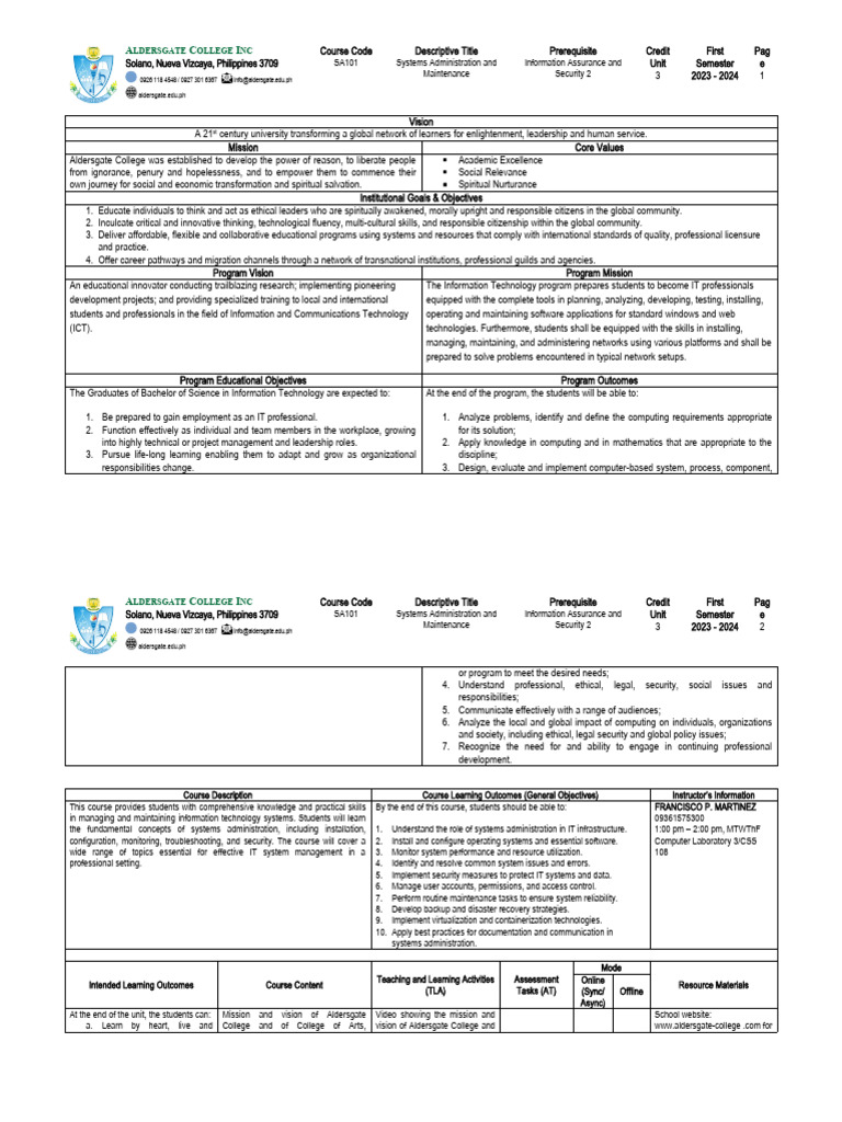 Syllabus Sa 101 Systems Administration And Maintenance Pdf Backup Operating System