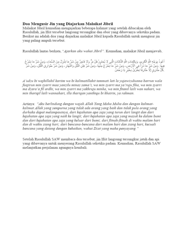 Doa Mengusir Jin Yang Diajarkan Malaikat Jibril | PDF