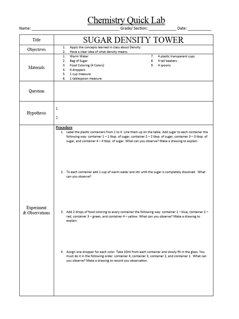 Chemistry Quick Lab Sugar Density Layers | PDF | Tablespoon | Science