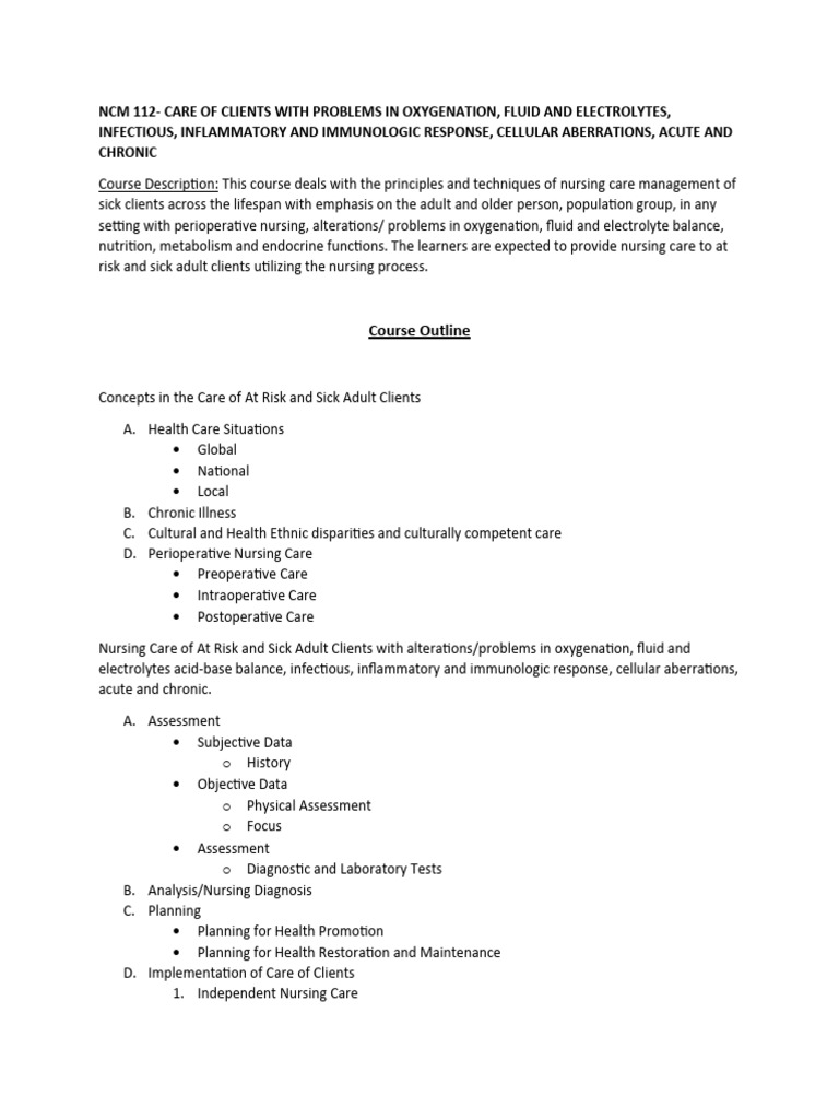 NCM 112 - Course Outline | PDF | Inflammation | Chronic Condition