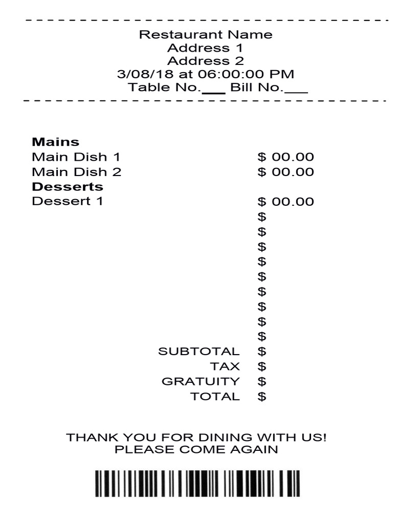 Sample Restaurant Receipt Form | PDF
