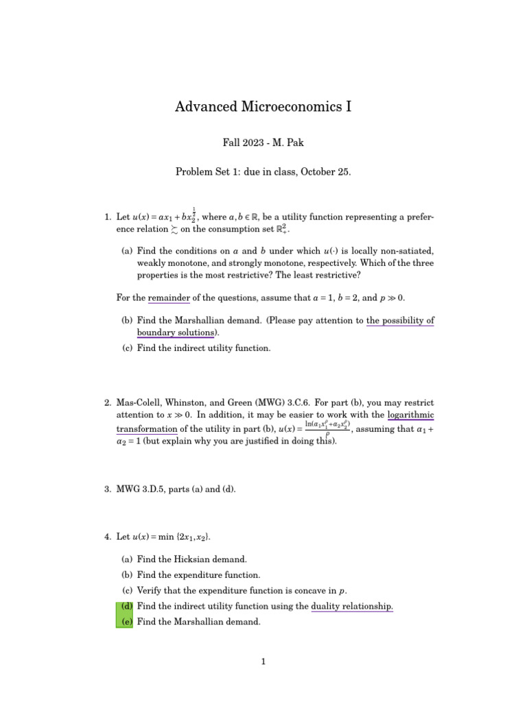 Adv Micro I 2023 PS1 | PDF | Utility | Microeconomics