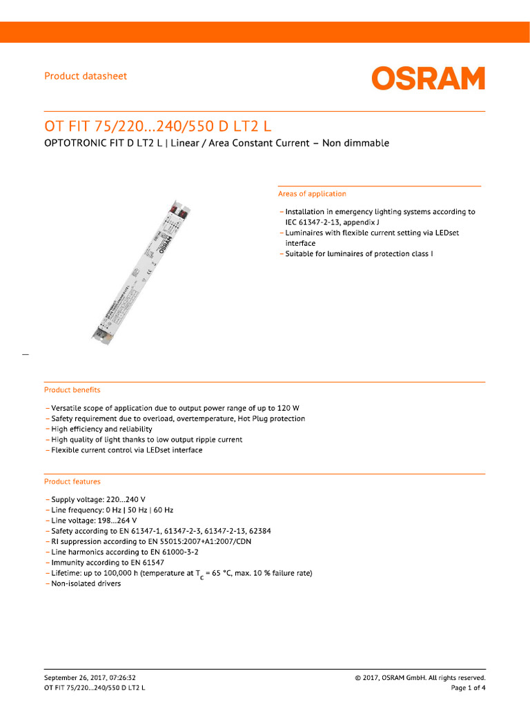 Datasheet Osram LED Driver OT FIT 75 220 240 550 D LT2 L 4052899478435 ...