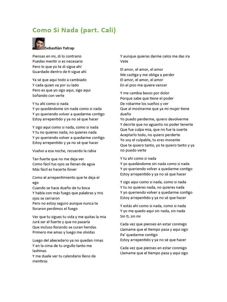 "Letra de 'Como Si Nada' - Sebastián Yatra" | PDF