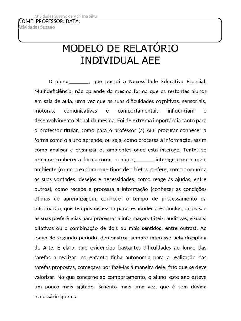 Modelo Relatório AEE | PDF | Aprendizado | Cognição
