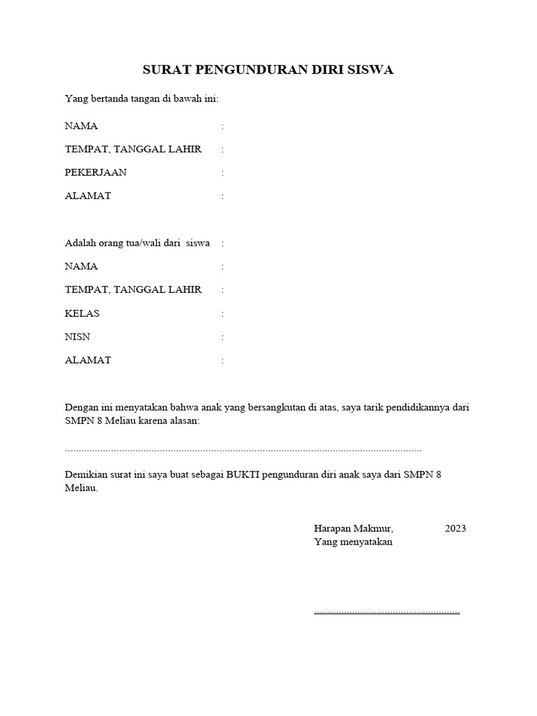 Surat Pengunduran Diri Siswa SMP | PDF