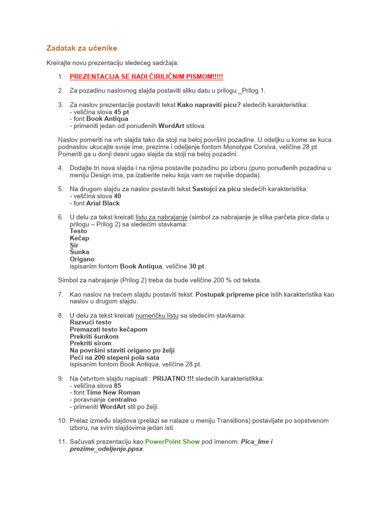 Zadatak Za Ucenike - KAKO SE PRAVI PICA | PDF