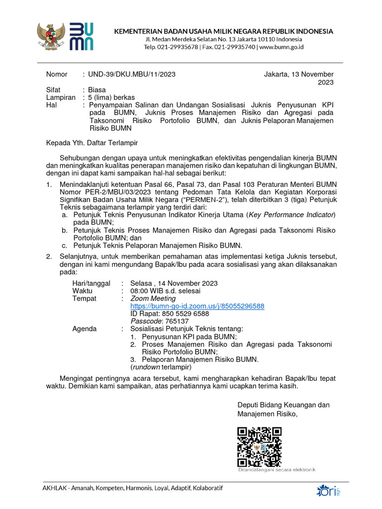 UND-39 DKU - Mbu 11 2023 Undangan Sosialisasi Juknis Penyusunan KPI | PDF