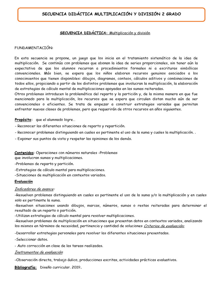 SECUENCIA DIDÁct. multiplica y division 2 GRADO | PDF | Evaluación | Multiplicación