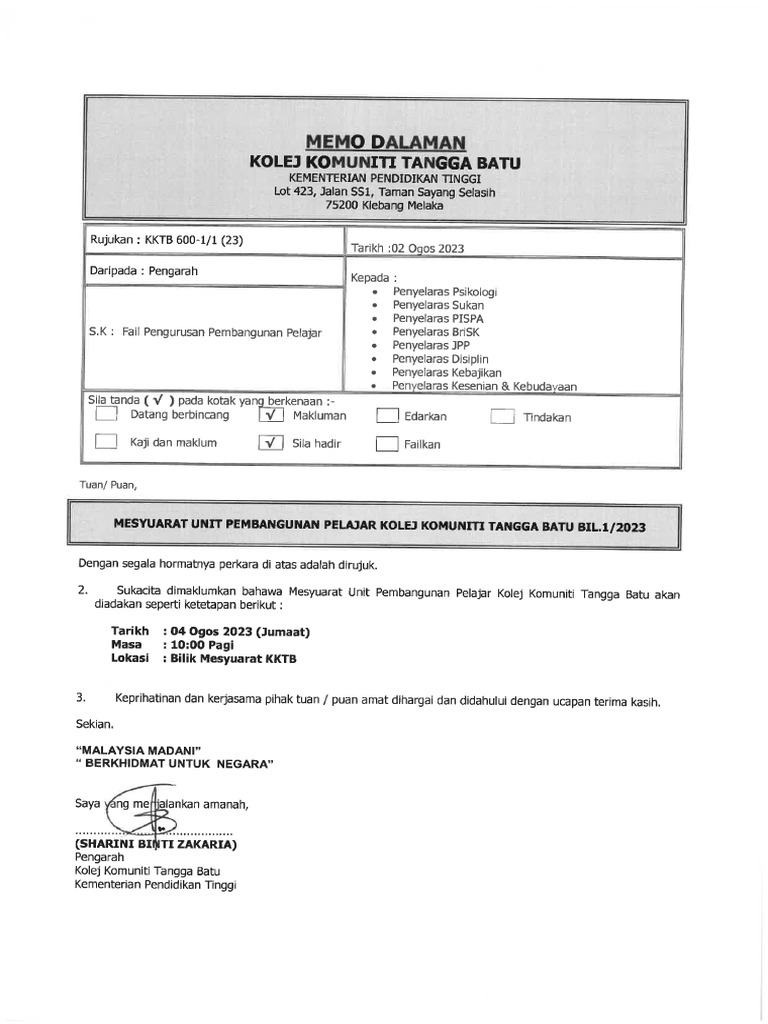 Memo Mesyuarat Unit Pembangunan Pelajar | PDF