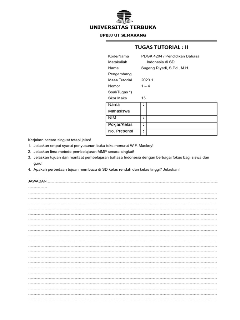 Soal Tugas Tutorial PDGK4204 2 | PDF
