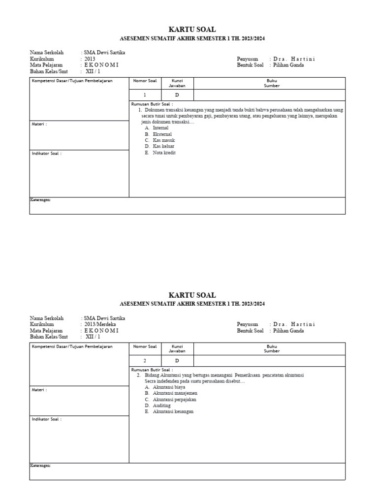 Kartu Soal Asas Eko Xii 2023 | PDF