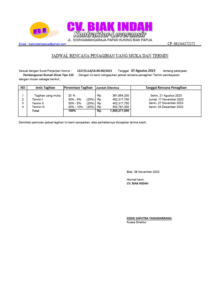FORMAT Rencana Tagihan Biak Indah | PDF