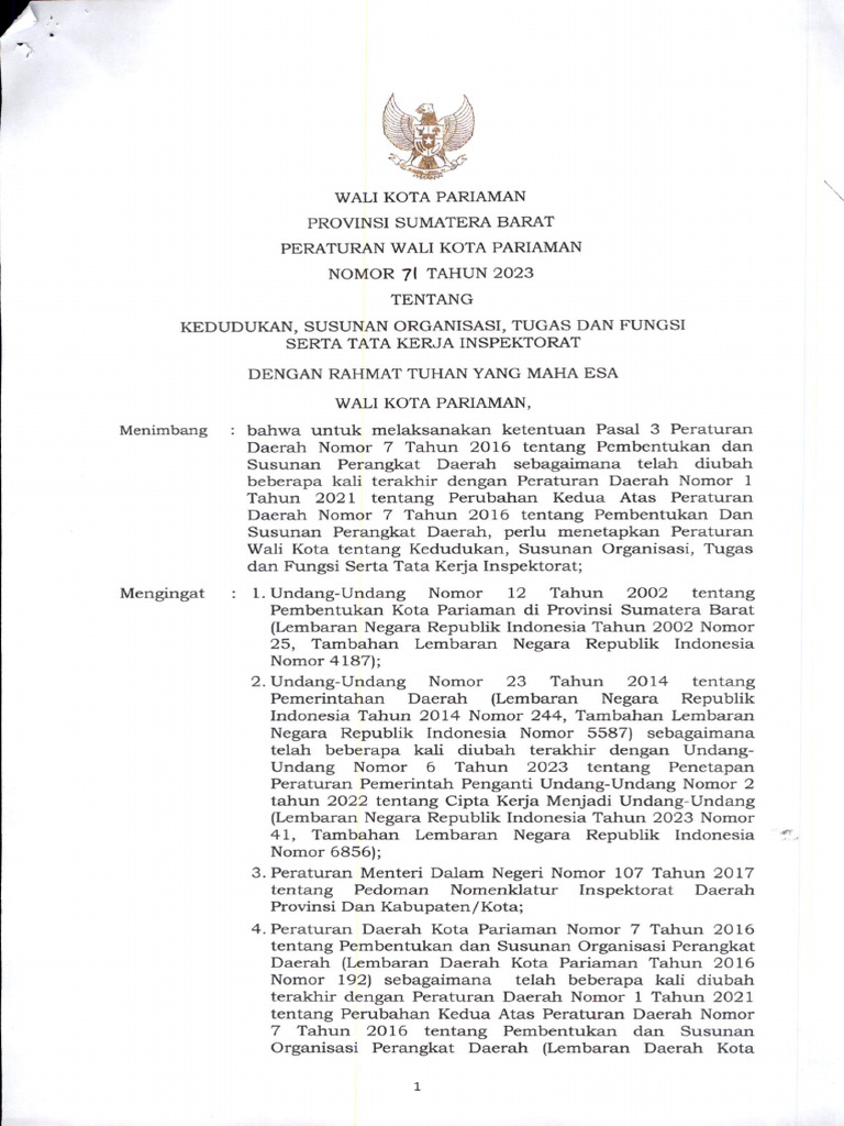 PERWAKO NOMOR 71 TAHUN 2023 SOTK Inspektorat 2023 | PDF