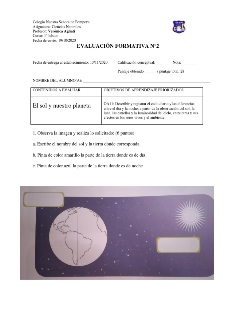 Ciencias-Naturales-1°-basico-Evaluacion El Sol y Nuestro Planeta. | PDF