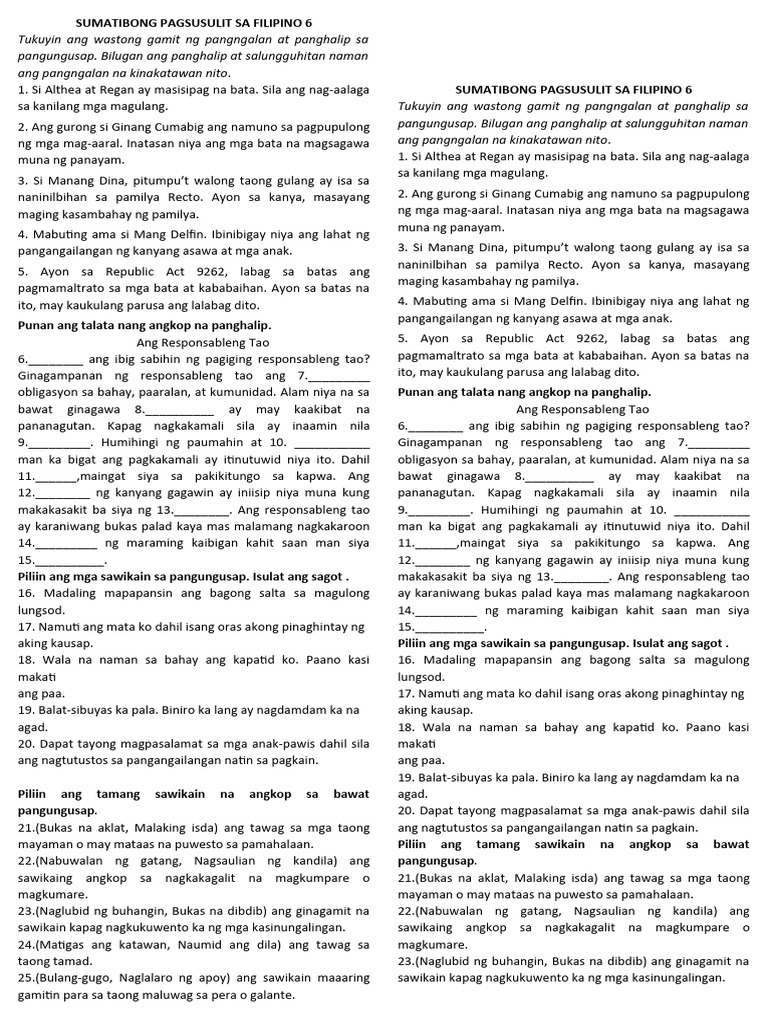 Sumatibong Pagsusulit Sa Filipino 6 | PDF