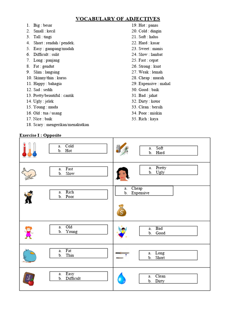 Adjectives Vocabulary List and Examples | PDF