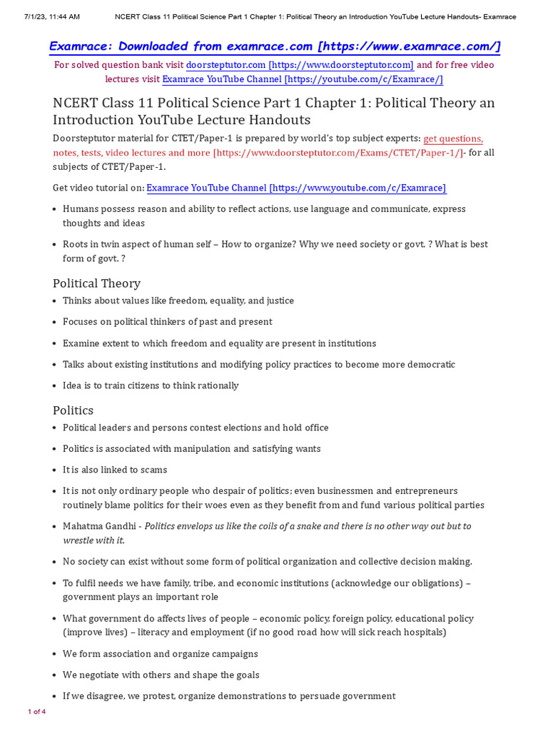 NCERT Class 11 Political Science Part 2 Chapter 1 YouTube Lecture Handouts | PDF | Social ...