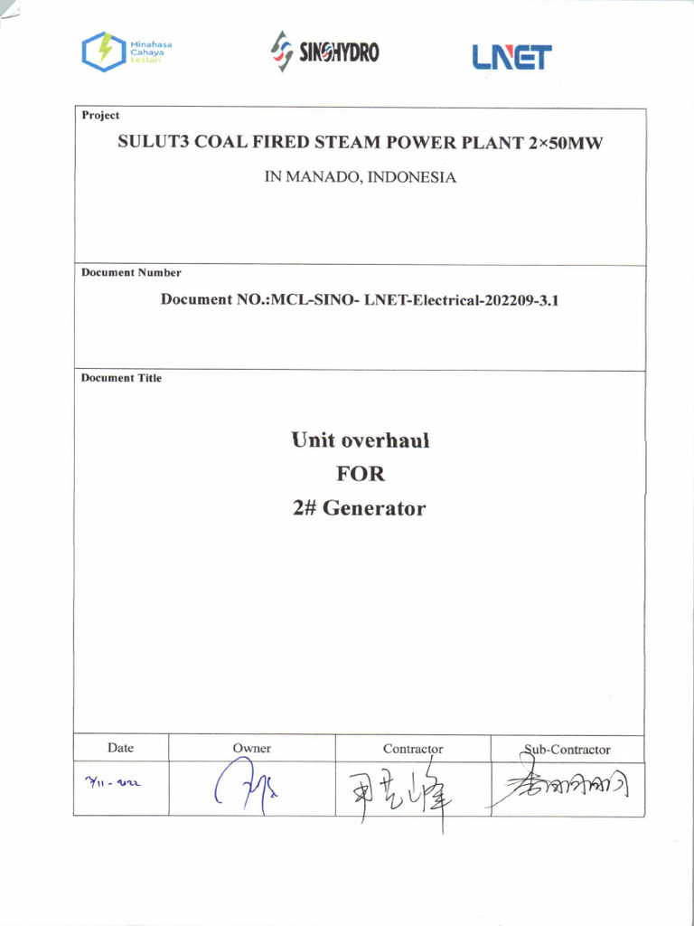MCL-SINO-LNET-Electrical-202209-3-1 - Unit Overhaul For 2# Generator | PDF