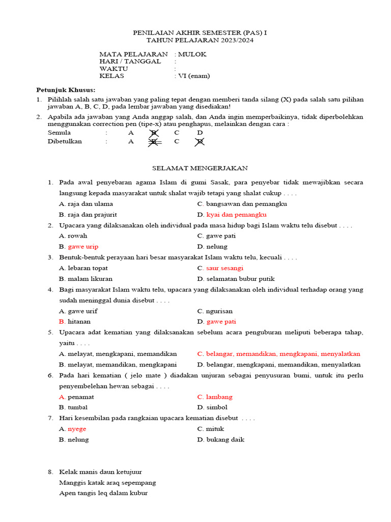 SOAL PAS MULOK Kls 6 SMTR 1 | PDF