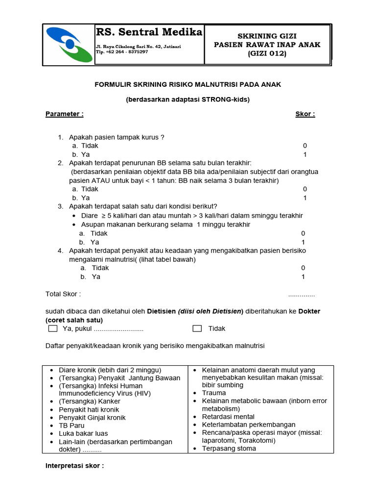 gizi 012 FORMULIR SKRINING RISIKO MALNUTRISI PADA ANAK | PDF