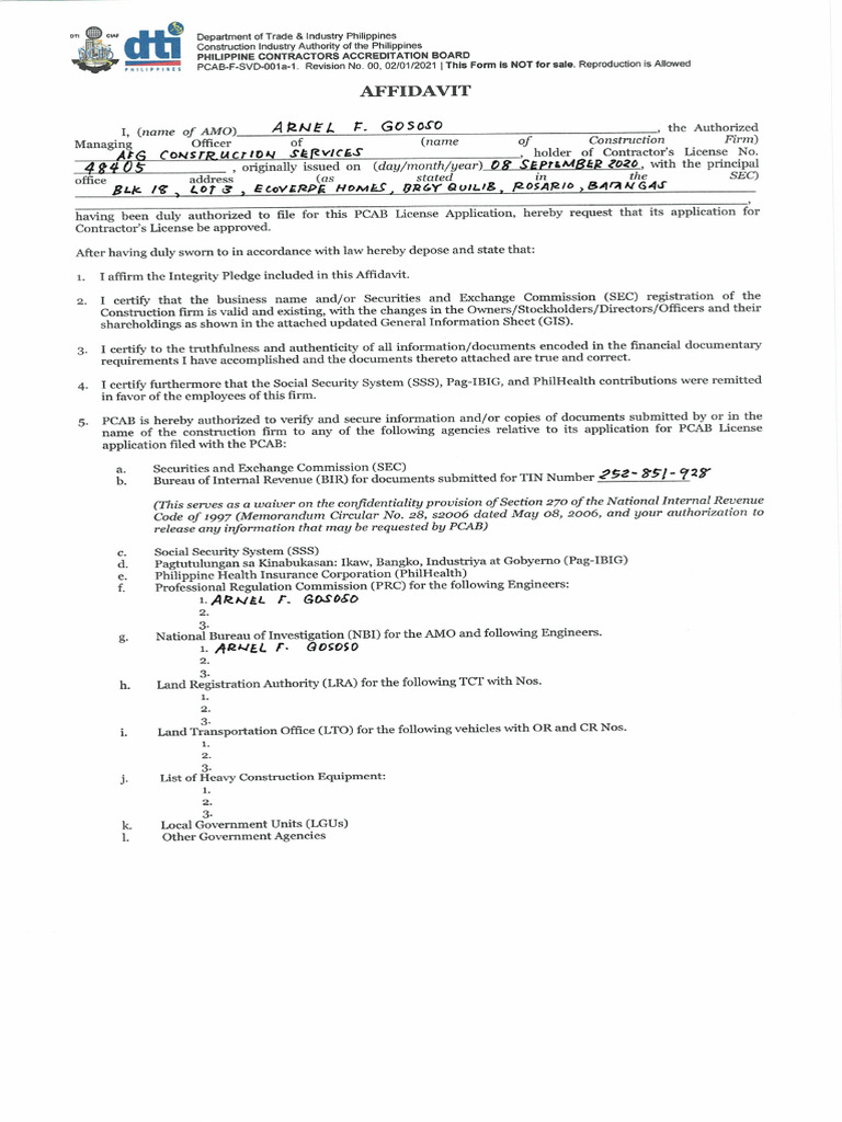 Contractors Affidavit | PDF