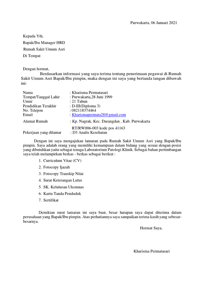 CV Dan Lamaran Kharisma Permata | PDF