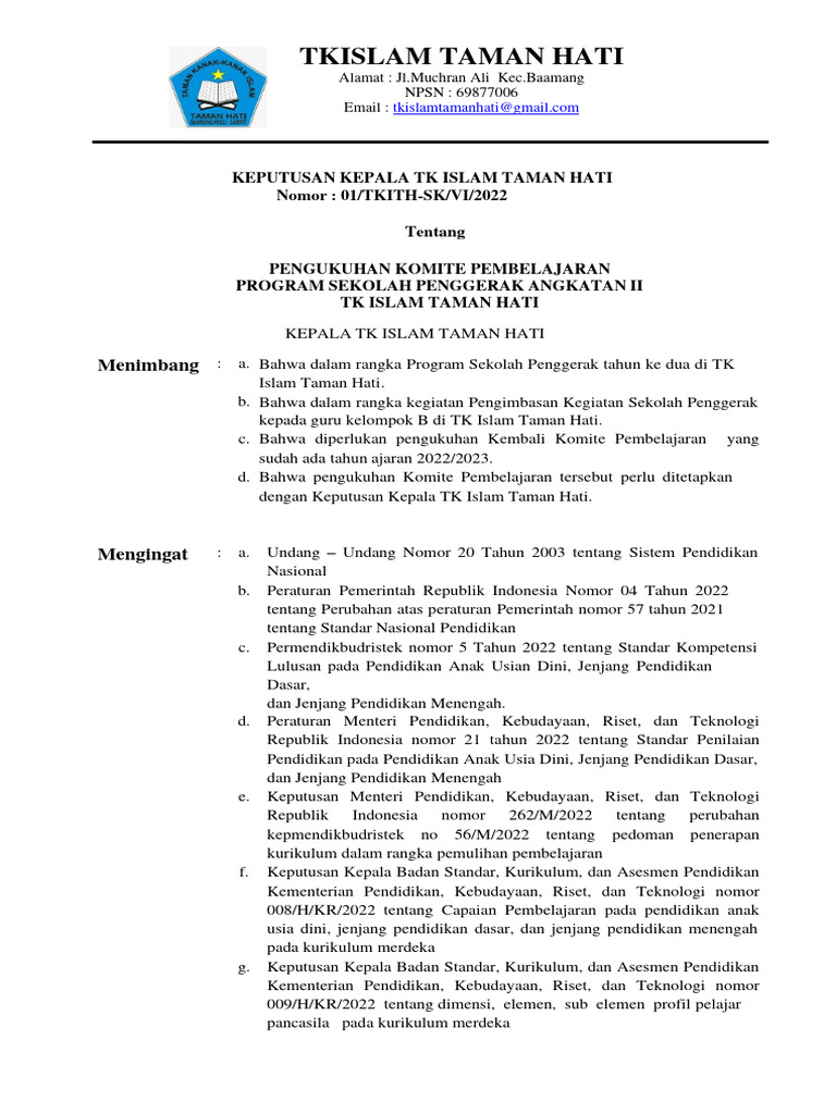 SK Komite Pembelajaran TK Islam Taman Hati | PDF