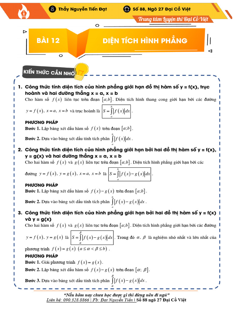 12. Ứng Dụng Của Tích Phân Tính Diện Tích Hình Phẳng | PDF