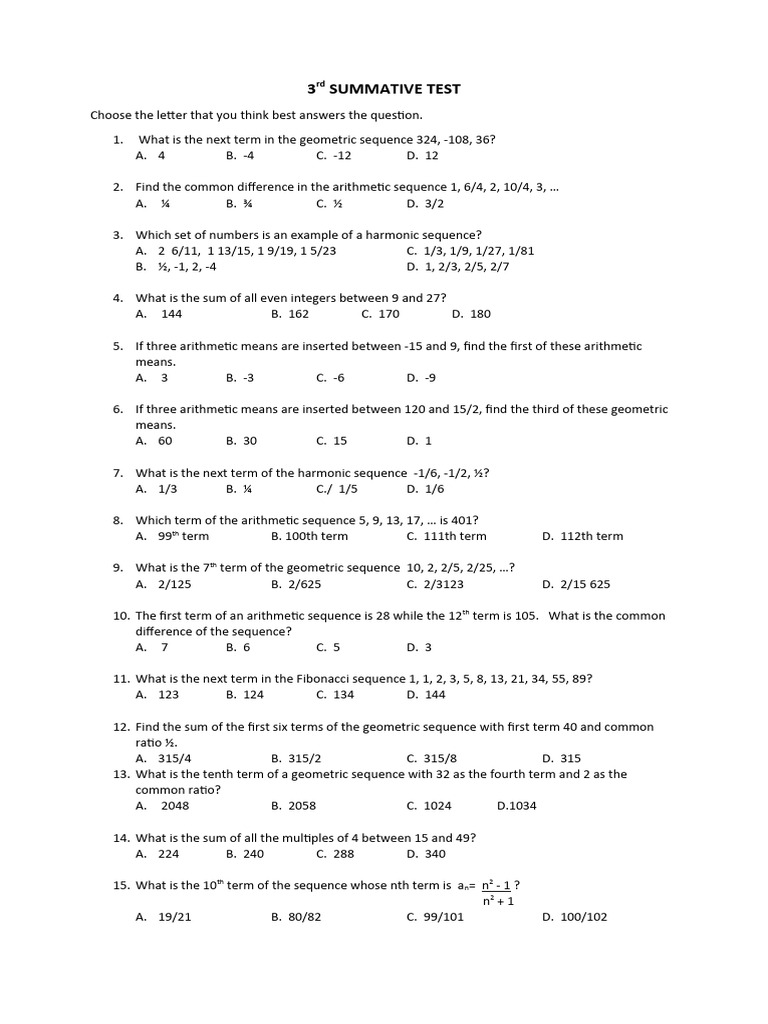 SUMMATIVE TEST Grade 10 | PDF | Summation | Mathematics