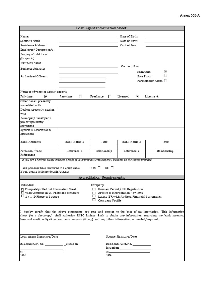 Loan Agents Information Sheet - New BLANK | Download Free PDF | Banks ...