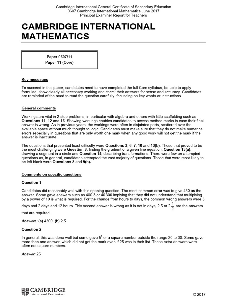Cambridge International Mathematics: Paper 0607/11 Paper 11 (Core ...