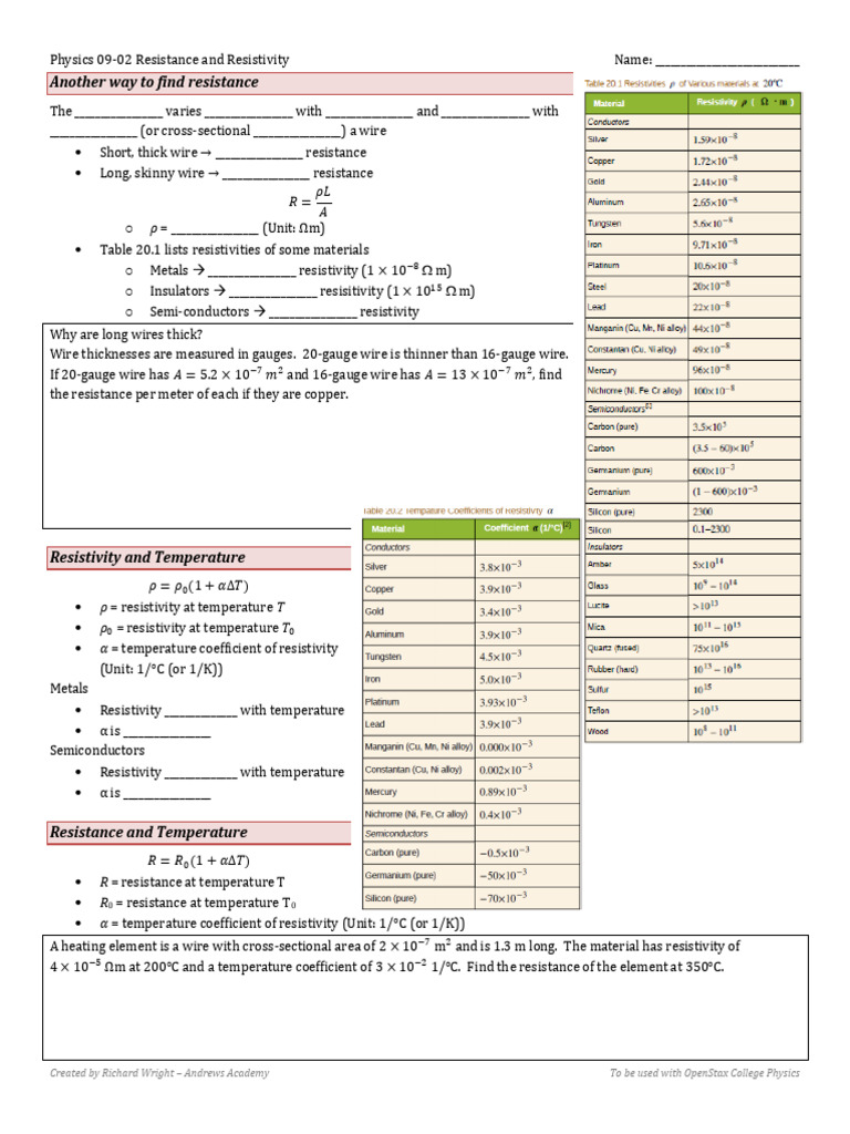 Physics 09-02 Resistance and Resistivity | PDF | Electrical Resistance And Conductance ...