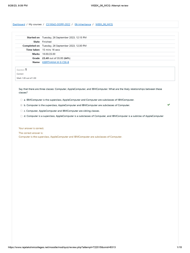WEEK - 06 - MCQ - Attempt Review MGG | PDF | Class (Computer Programming) | Inheritance (Object ...
