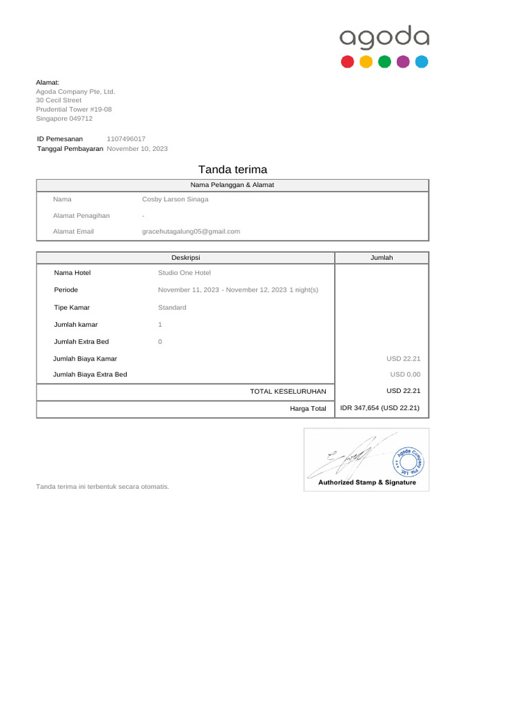 Agoda Booking ID 1107496017 - RECEIPT Enclosed | PDF