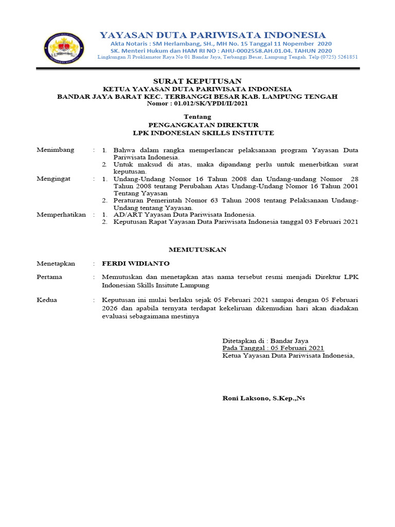 Pengangkatan Direktur LPK Indonesia | PDF