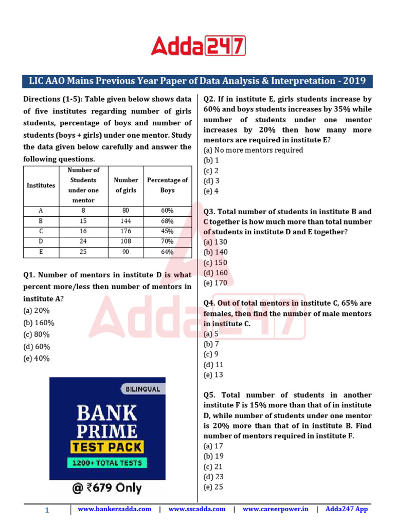 LIC AAO Mains Previous Year Paper of Data Analysis Interpretation 2019 | PDF | Interest ...