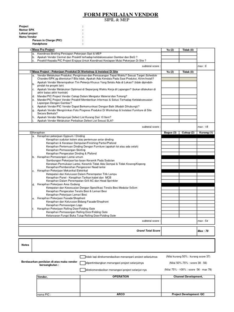 Form Penilaian Kinerja Vendor Proyek | PDF