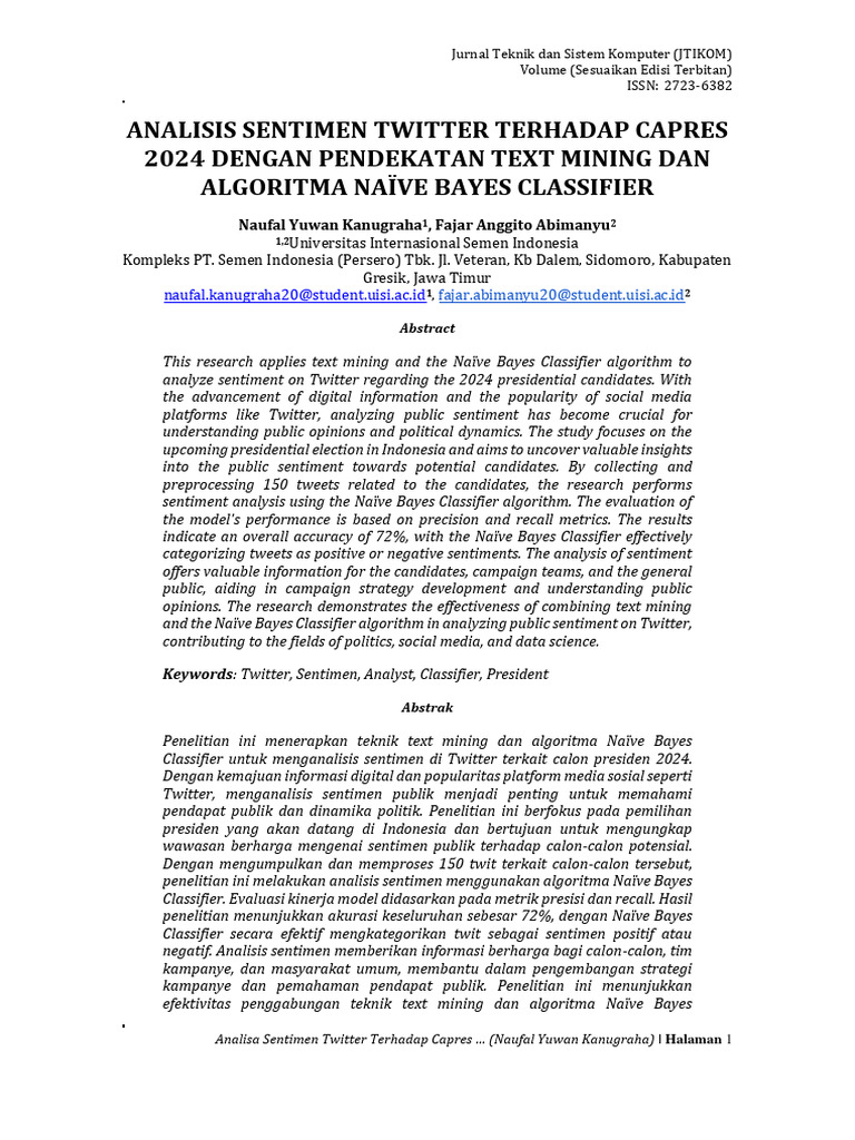 Analisis Sentimen Twitter Terhadap Capres 2024 Dengan Pendekatan Text Mining Dan Algoritma Naïve ...