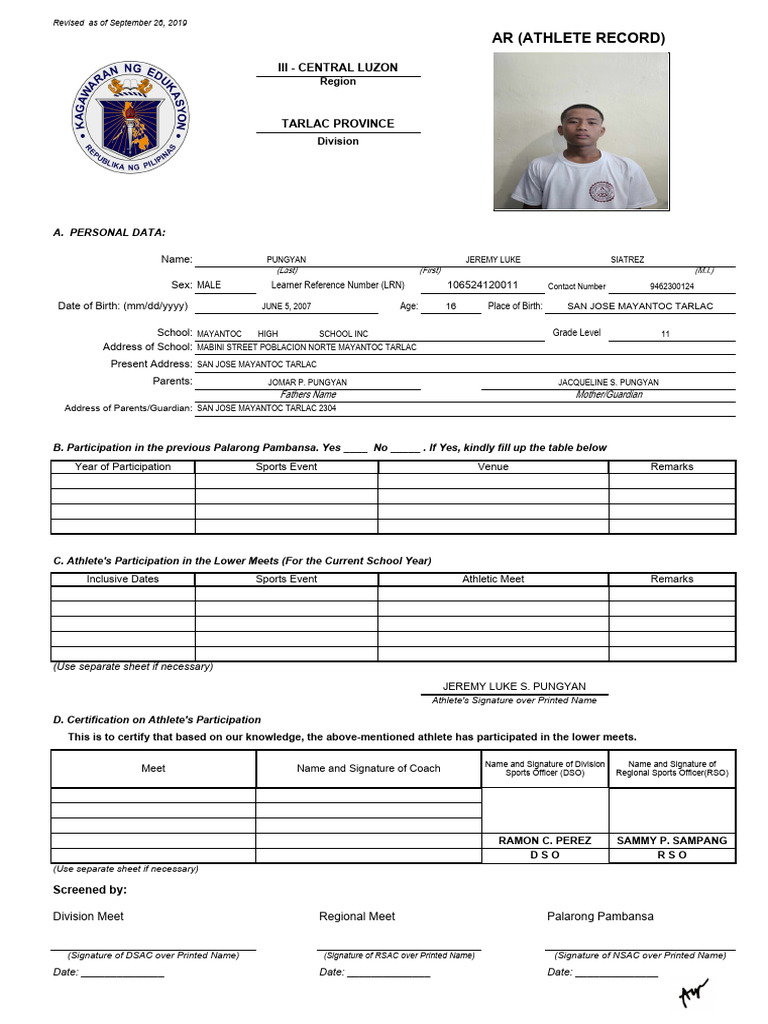 JEREMY - Athlete-Record - AR1 | PDF