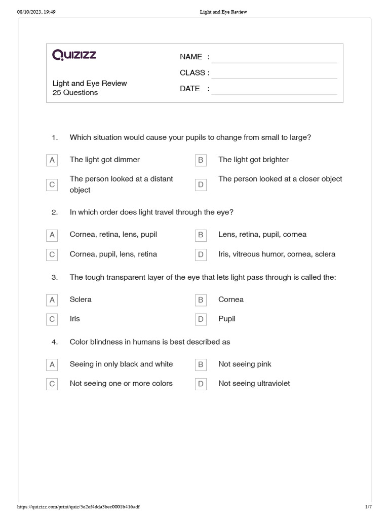 Light and Eye Review Answer Key | PDF | Eye | Cornea