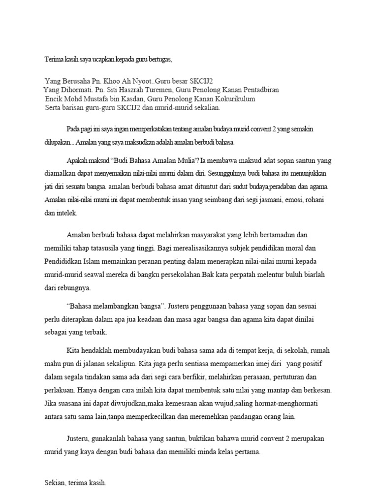 Teks Ucapan Pentadbir Budi Bahasa Amalan Mulia Pdf