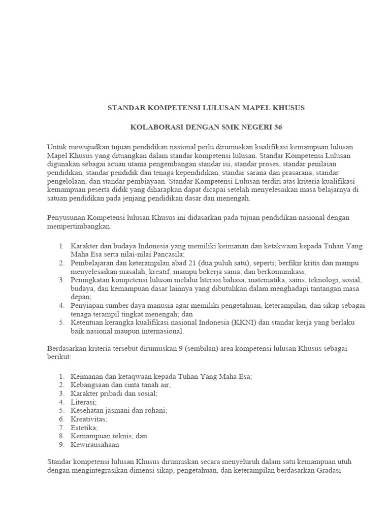 Standar Kompetensi Lulusan Mapel Khusus SKB 03 | PDF