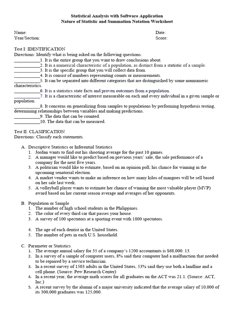 Statistical Analysis With Software Application Worksheet Topic 1 2 ...