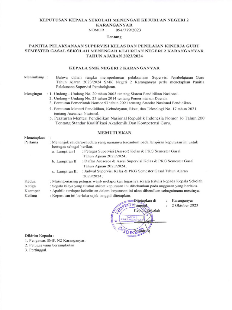 779-SK. Panitia Pelaksanaan Supervisi Kelas Dan PKG Semester Gasal | PDF