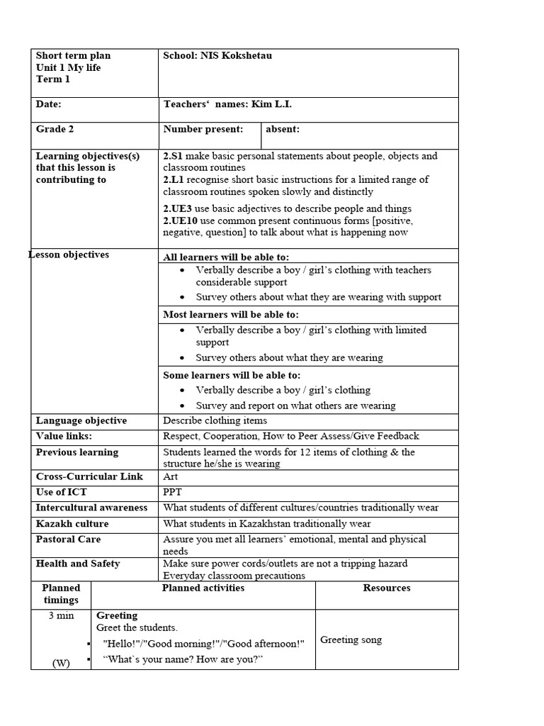 English Grade2 Unit1 All About Me My Clothes and Things LESSON PLAN ...