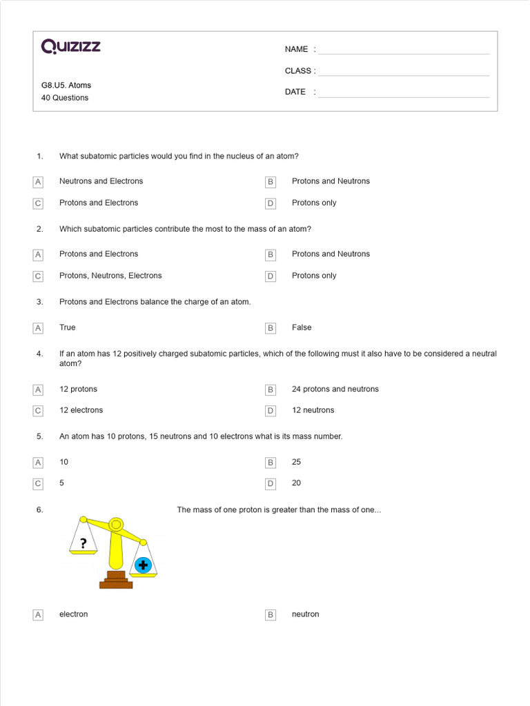 Atoms Quiz | PDF | Atoms | Atomic Nucleus