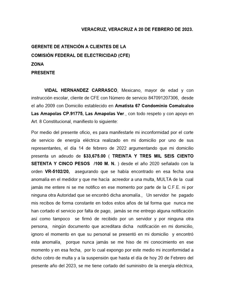 Oficio de Queja Cfe | PDF